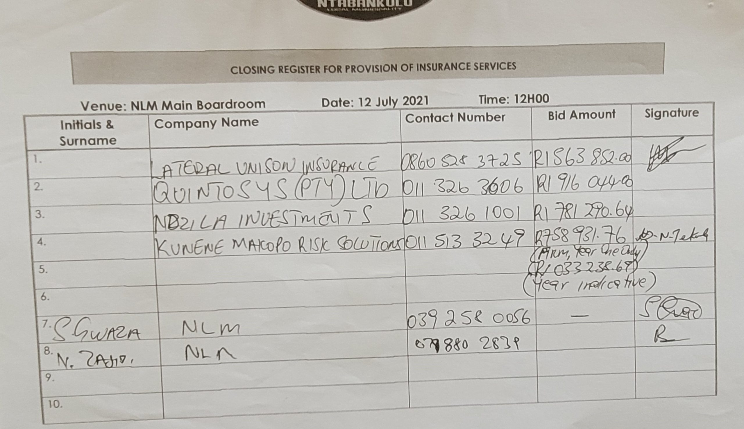 Bid Closing Registers – Ntabankulu Local Municipality