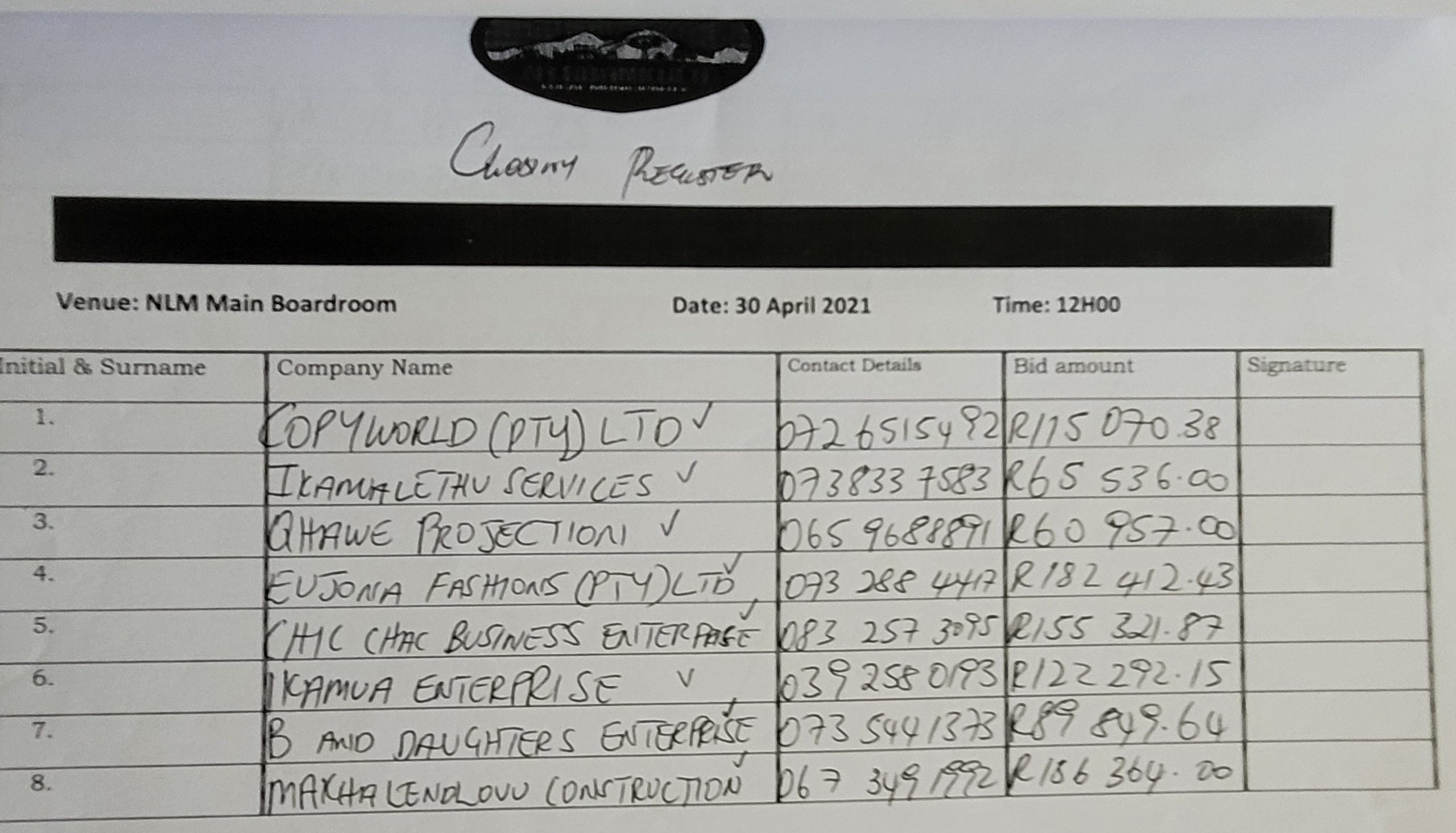 Bid Closing Registers – Ntabankulu Local Municipality