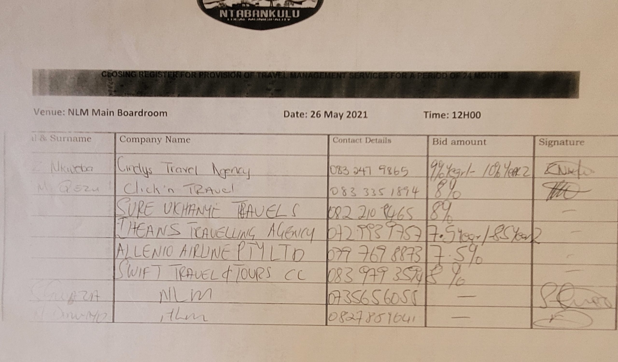 Bid Closing Registers – Ntabankulu Local Municipality